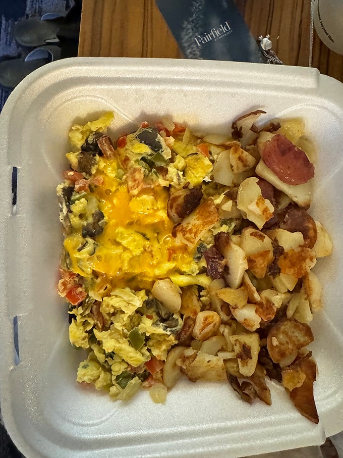 Even in a to-go container, Green Owl's scramble refuses to compromise. This is breakfast that demands respect, regardless of its vessel.