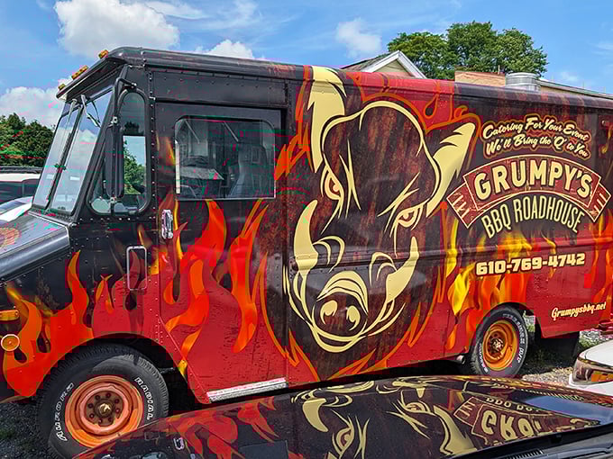 The Grumpy's food truck brings their legendary barbecue to events across Pennsylvania. That fierce pig logo isn't just mascot—it's a warning that ordinary food lies elsewhere.