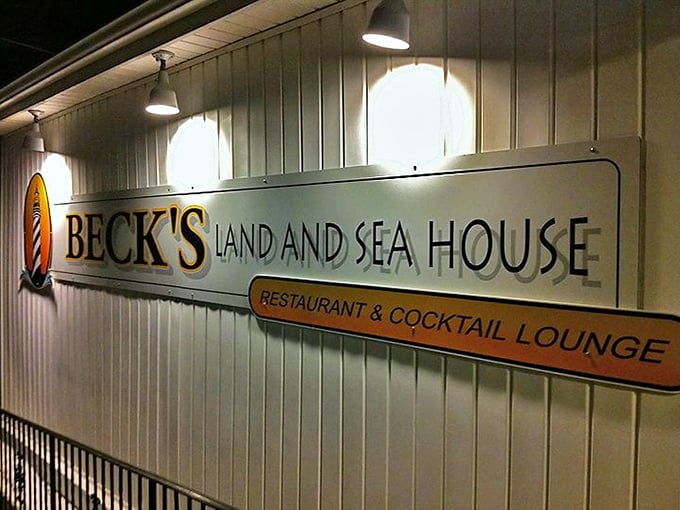 The illuminated sign glows like a beacon for hungry travelers. Beck's Land & Sea House—where Pennsylvania meets the coast without the three-hour drive.