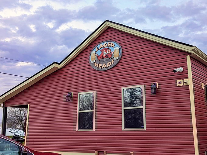 The Lager Heads logo promises what awaits inside—beer, BBQ, and bliss. That red exterior has become a landmark for meat lovers throughout Ohio.