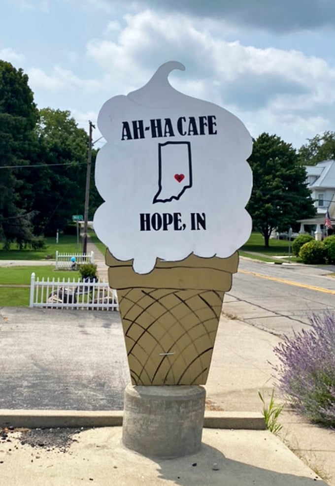 An ice cream cone sign that perfectly captures the essence of small-town charm—where Hope, Indiana meets sweet expectations.