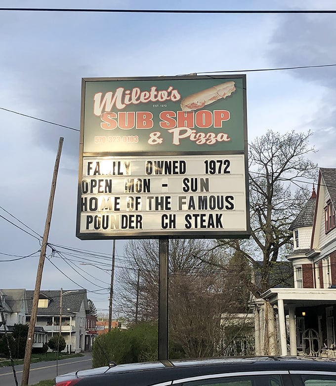 The sign says it all—family-owned since 1972. In a world of corporate chains, places like Mileto's keep the authentic taste of Pennsylvania alive.