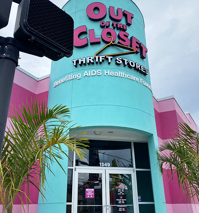 The iconic turquoise tower announces its mission with pride—thrifting with purpose, where fashion meets compassion in technicolor glory.