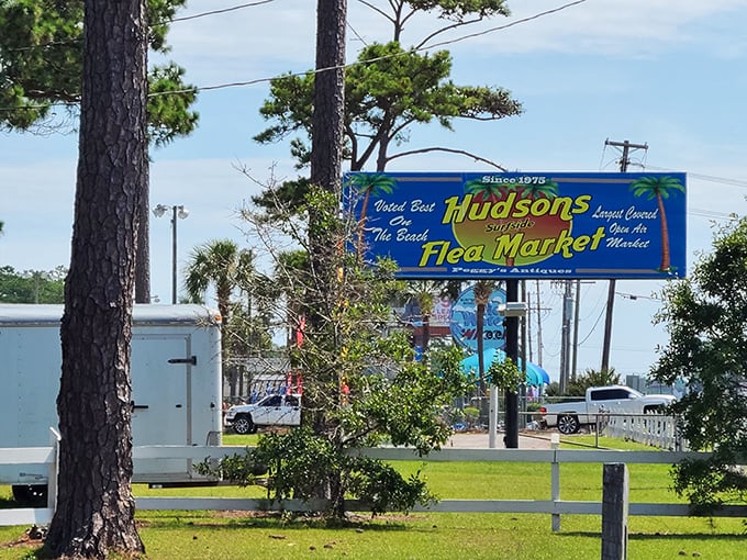 The iconic Hudson's Surfside Flea Market sign—a beacon for bargain hunters and treasure seekers along the Grand Strand for generations.