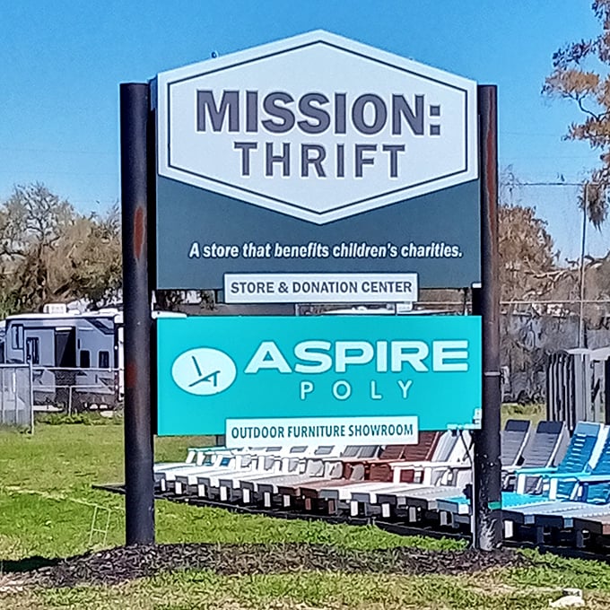 The sign says it all—not just shopping, but a mission. Though that outdoor furniture display might tempt you to set up camp right there.