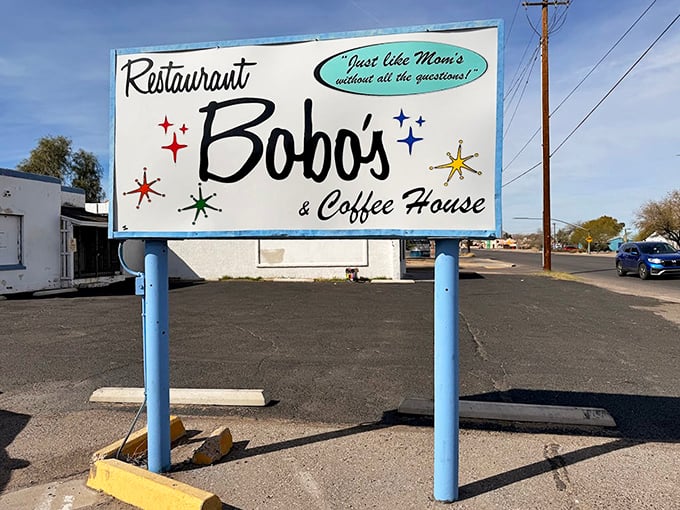 "Just like Mom's without all the questions!" The sign says it all – comfort food served with a side of humor that's as satisfying as their legendary pancakes.