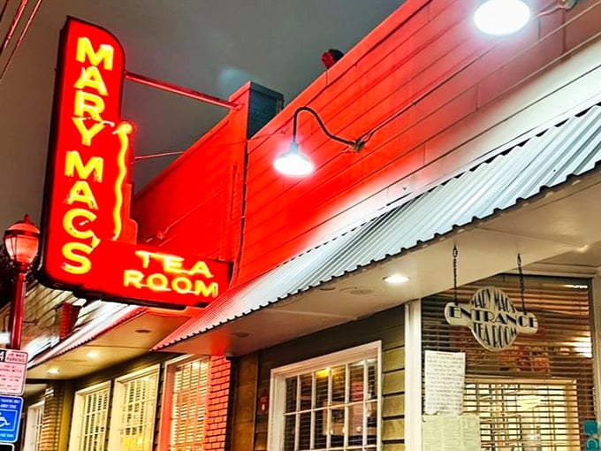 The iconic vertical sign announces "MARY MAC'S TEA ROOM" in glowing red letters—Atlanta's equivalent of the Hollywood sign for food lovers.