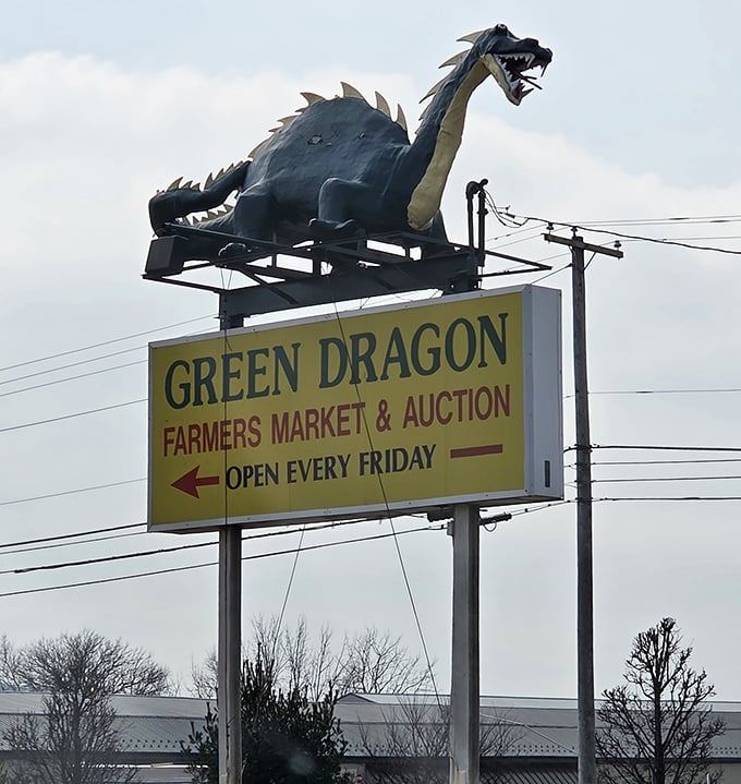 The legendary Green Dragon sign – where a mythical beast guards the entrance to Pennsylvania's temple of treasures, bargains, and unexpected delights.
