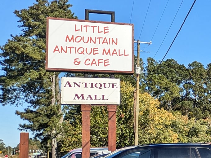 The sign that promises adventure—Little Mountain Antique Mall & Cafe, where you'll find both sustenance for your body and treasures for your soul.