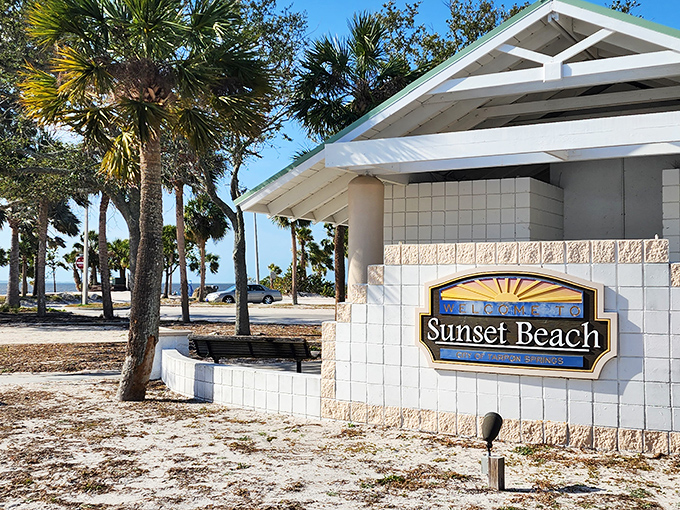 The welcome sign that promises what it delivers – sunsets worth writing home about.