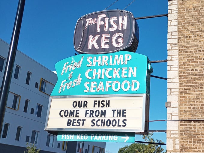 "Our fish come from the best schools" – the sign says it all with a dad joke that would make any seafood lover grin.