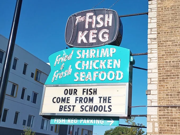 "Our fish come from the best schools" – the sign says it all with a dad joke that would make any seafood lover grin.