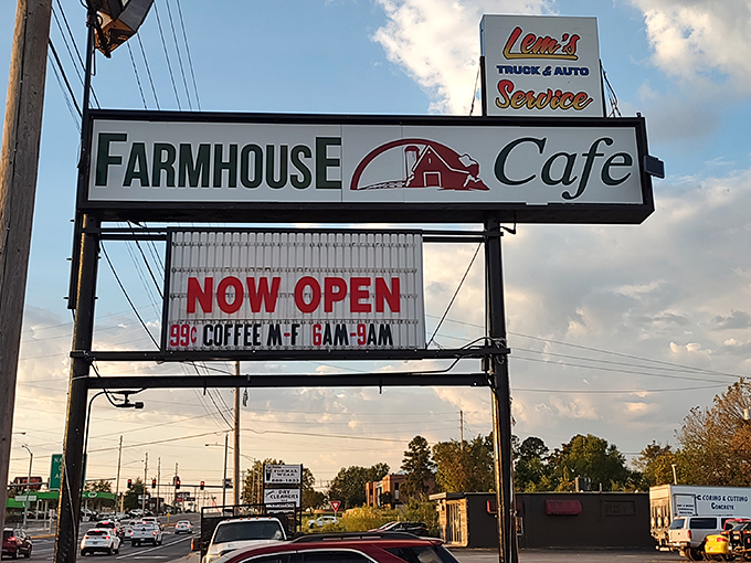 The roadside sign stands tall like a beacon of hope for hungry travelers. That 99¢ coffee deal is practically stealing in today's five-dollar latte world.