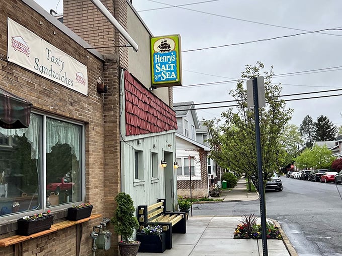 The iconic blue sign serves as a beacon for seafood lovers—a promise of maritime delights in a landlocked Pennsylvania neighborhood.