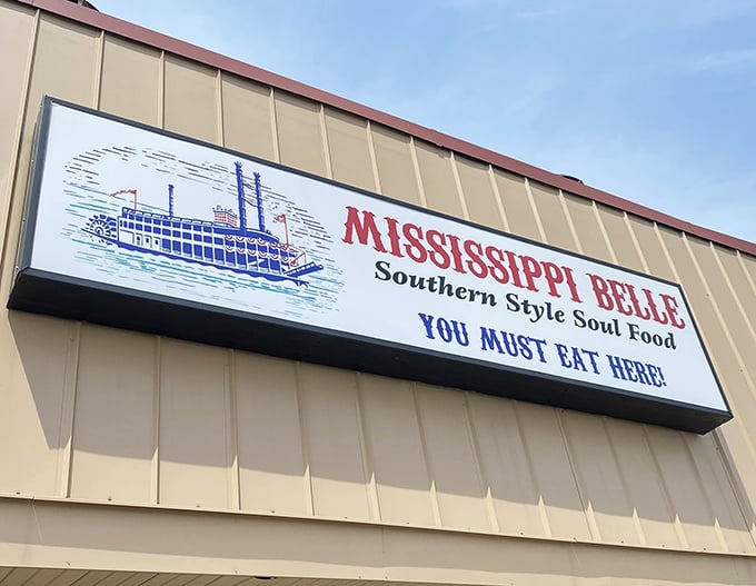 "YOU MUST EAT HERE!" isn't just a suggestion on the Mississippi Belle sign—it's the best advice you'll get all day.