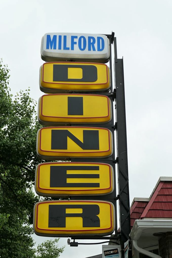 Each letter of "DINER" gets its own yellow marquee moment—a vertical spelling lesson that promises horizontal satisfaction inside.