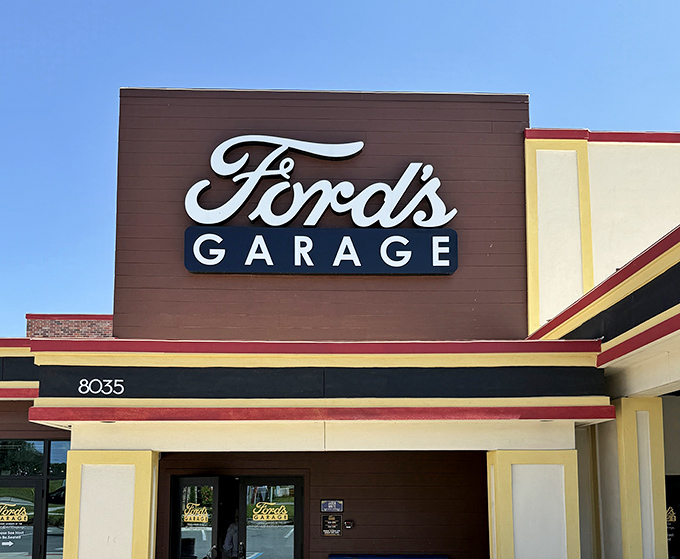 The sign says it all—you've arrived at a destination, not just a restaurant. Ford's Garage promises an experience beyond the ordinary.