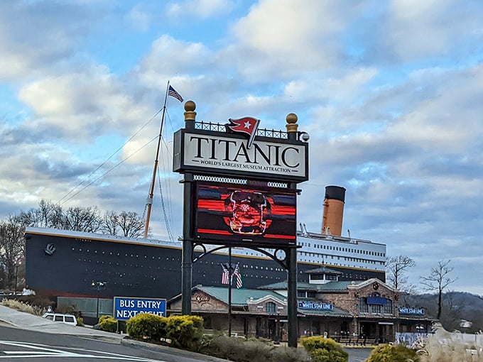 The museum's impressive signage serves as a gateway between two worlds—modern-day Pigeon Forge and the Edwardian era of ocean travel.