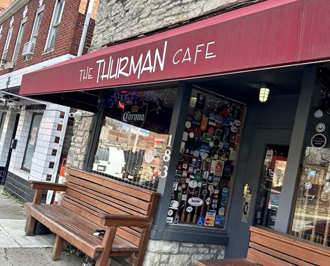 The entrance to a Columbus institution. Like the best dive bars, it doesn't need to shout about its greatness—the red awning whispers to those in the know.
