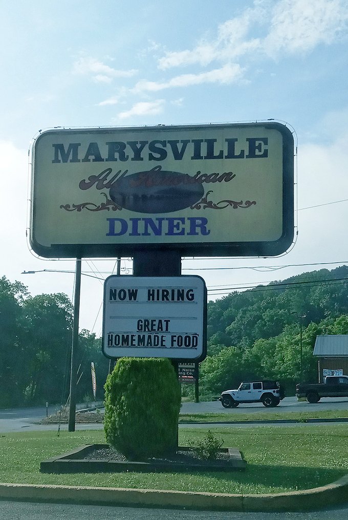 The roadside sign stands as a beacon of hope for hungry travelers, promising "Great Homemade Food" with refreshing honesty.
