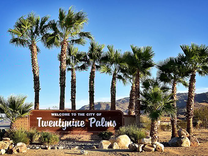 Welcome to Twentynine Palms – where they've thoughtfully arranged exactly that many palms behind the sign. (Okay, I didn't count them.)