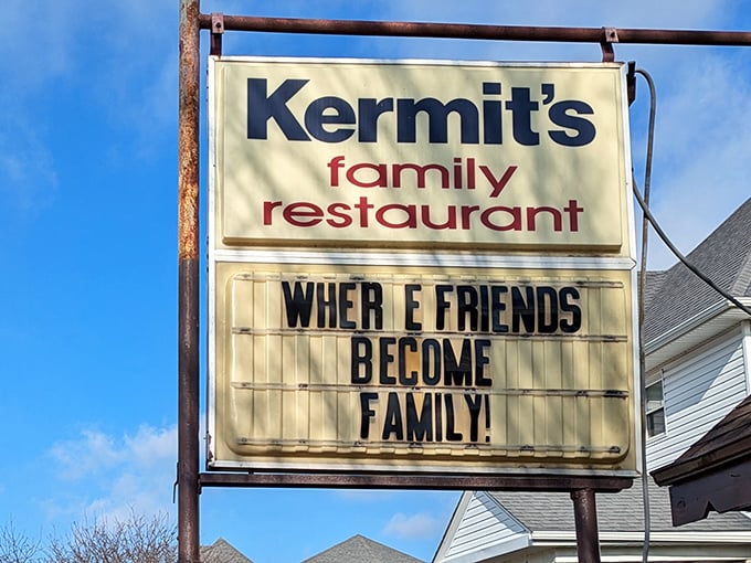 "Where friends become family"—a sign that tells you everything you need to know about the Kermit's experience before you even walk in.