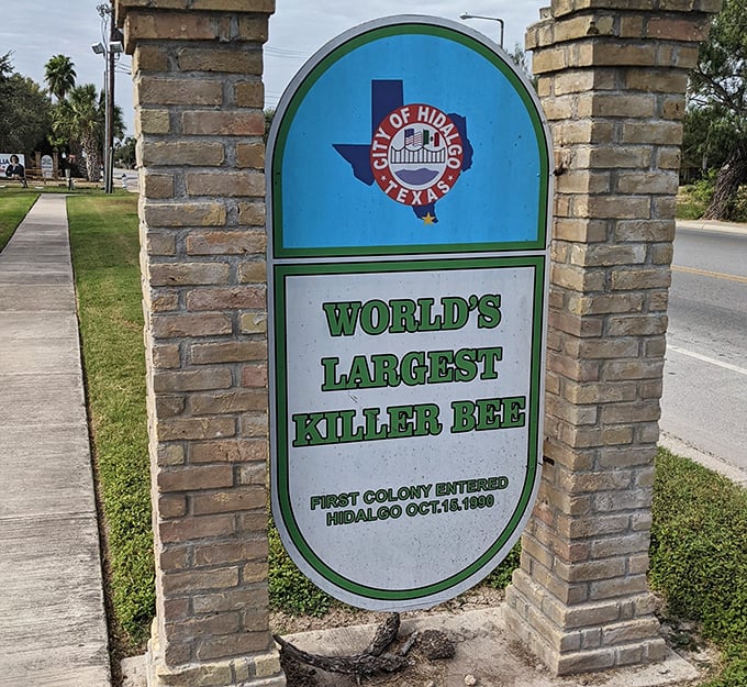 The official signage tells the tale—October 19, 1990 marked Hidalgo's place in history as the entry point for these infamous insects.