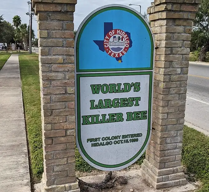 The official signage tells the tale—October 19, 1990 marked Hidalgo's place in history as the entry point for these infamous insects.