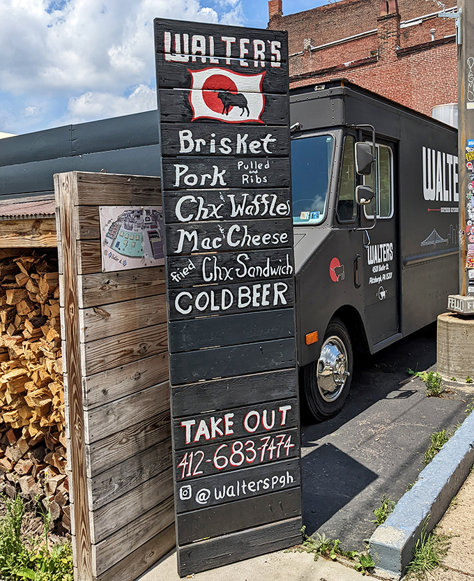 Walter's food truck signage tells you everything you need to know—this is a place that understands priorities: Brisket, Pork, Cold Beer. The holy trinity of happiness.