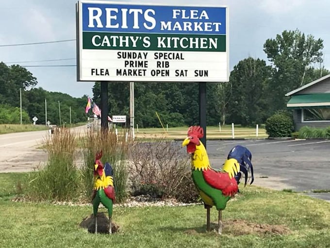 Even the sign gets festive with decorative roosters standing guard like colorful sentinels of savings.