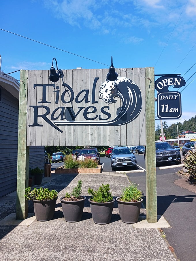 A sign that promises what it delivers—waves of flavor. The wooden entrance marker welcomes hungry visitors to one of Oregon's coastal treasures.