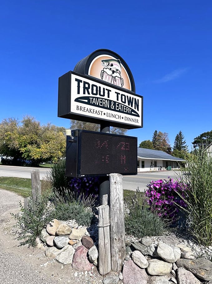 The sign that's launched a thousand detours—promising breakfast, lunch, and dinner in a setting that's pure Michigan, right down to the wildflowers.