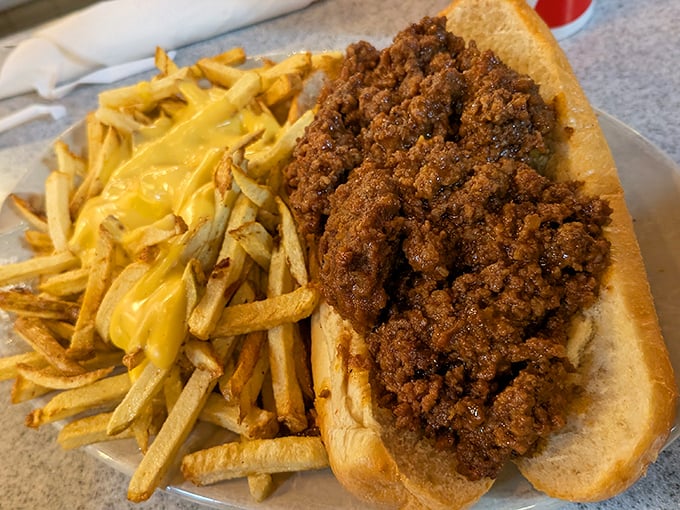 A proper Sloppy Joe with a side of fries—gloriously messy comfort food that requires both napkins and a complete abandonment of dignity.