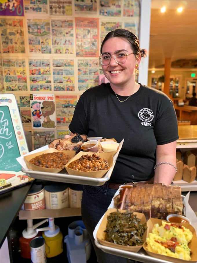 The true measure of barbecue greatness: trays loaded with meat and sides that make you want to cancel your afternoon plans.