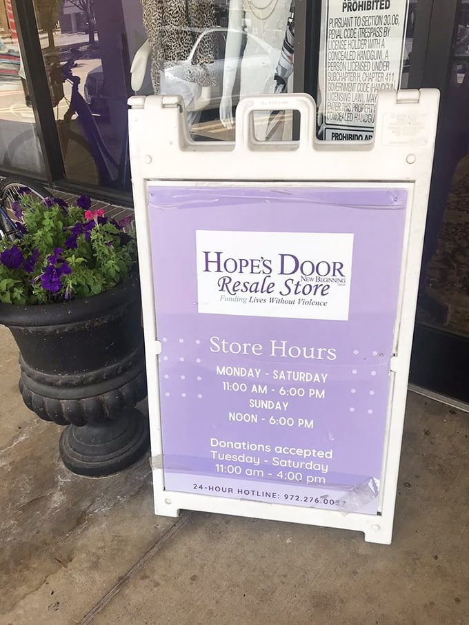 The purple sign that promises treasure hunting six days a week. Your wallet and your conscience can feel good knowing every purchase supports domestic violence services.