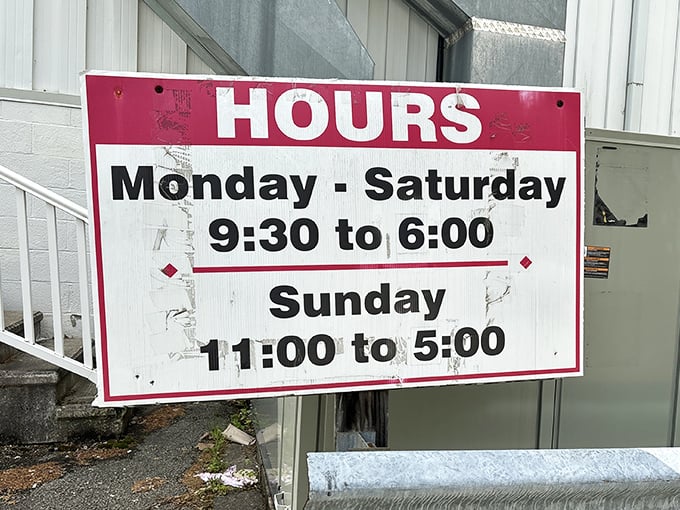 Store hours posted like a treasure map's legend – X marks the spot for savings.