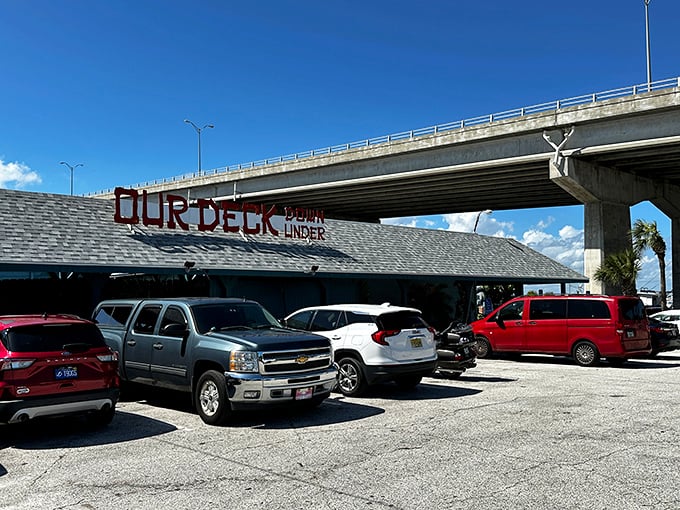 From this angle, you can appreciate how Our Deck Down Under literally embraces its under-bridge identity. Concrete overhead, culinary magic below.