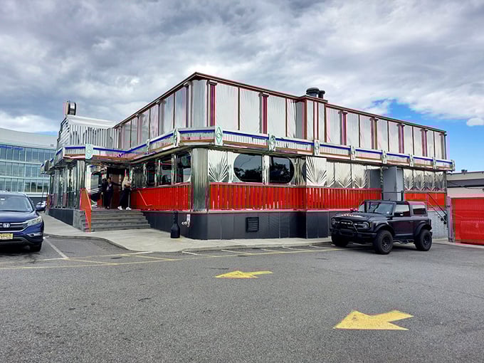 From this angle, Tick Tock Diner looks like a chrome spaceship that landed in New Jersey with one mission: to serve comfort food that makes you forget your troubles.