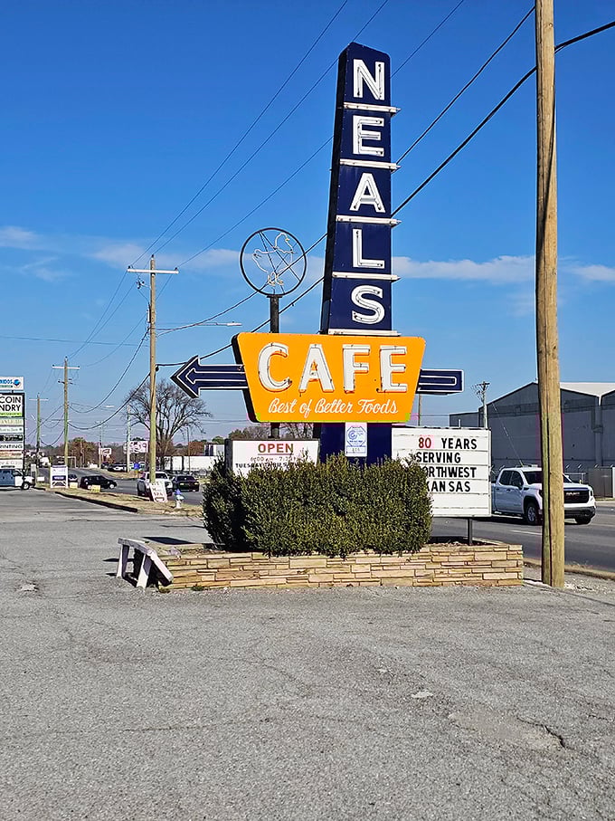 The vintage Neal's Cafe sign has guided hungry travelers for decades—"Best of Better Foods" isn't just a slogan, it's a promise they keep daily.