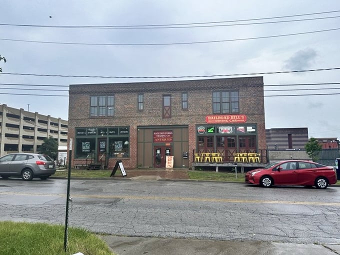 Even on rainy days, Railroad Bill's brick exterior stands as a beacon of breakfast hope—a promise of warmth, comfort, and chicken and waffles inside.