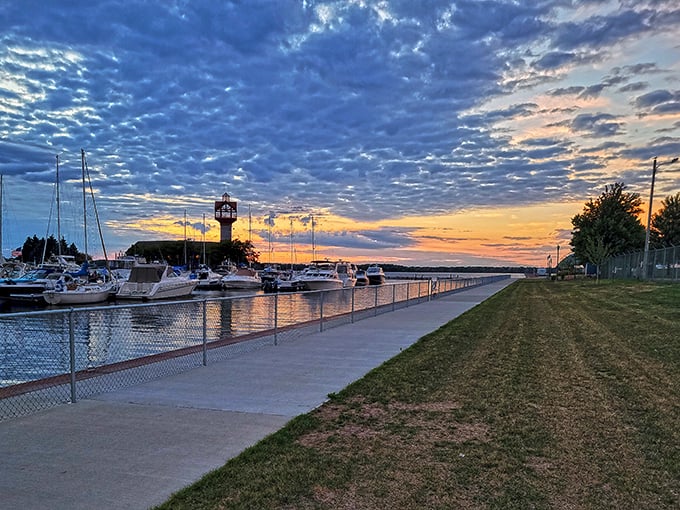 Sunset over Erie's marina paints the sky in colors no artist could charge enough for. The daily show that makes living on a fixed income feel like luxury.