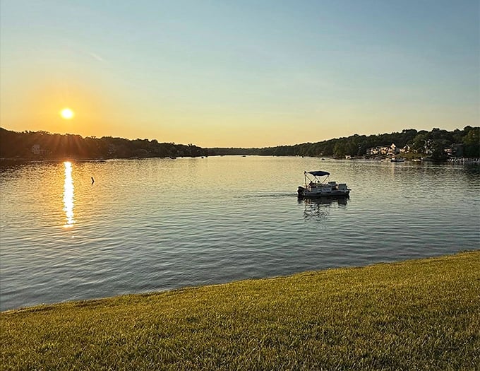 Golden hour transforms an ordinary pontoon into a magical vessel sailing through liquid amber – no filter needed.