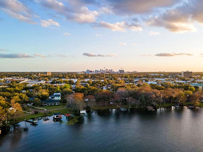 From above, Winter Park reveals its true character: a patchwork of lakes, trees, and neighborhoods with Orlando's skyline playing supporting actor in the distance.