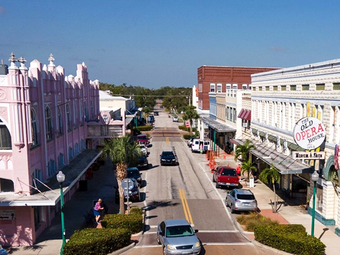 From above, Arcadia's historic district reveals its perfect symmetry, with the iconic pink building anchoring a downtown that's both frozen in time and very much alive.