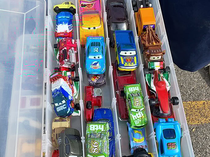 Tiny cars with outsized personalities rest in their plastic display case—each miniature vehicle carrying someone's childhood memories in its tiny trunk.