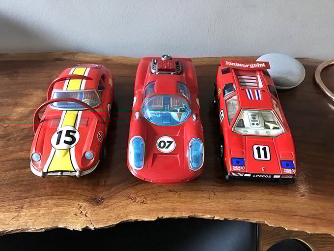 Vintage toy cars that transport you straight back to childhood races across living room floors. The Lamborghini is clearly the fastest.