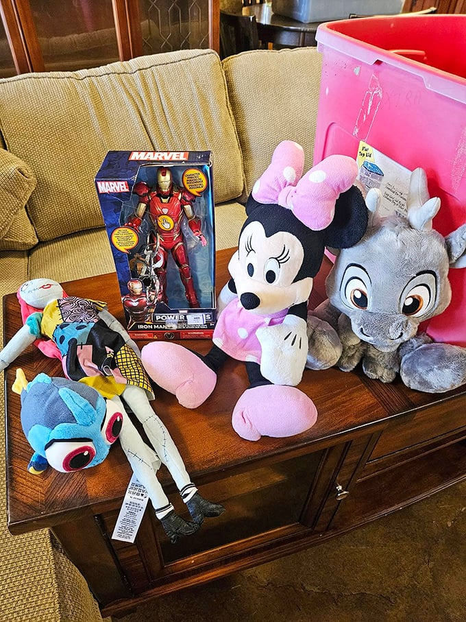 The toy corner where nostalgia meets bargain hunting. From Iron Man to Minnie Mouse, childhood dreams available at grown-up discount prices.