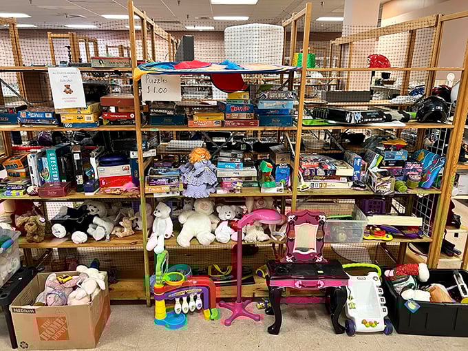 The toy section—where puzzles, stuffed animals, and childhood dreams find new homes while parents discover the joy of not paying retail.