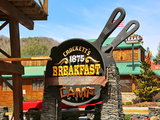 Not just a sign—it's a cast iron declaration! This skillet-shaped marker announces you've arrived at the promised land of breakfast abundance.