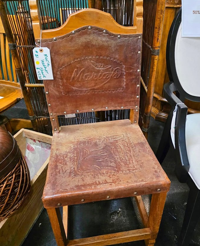 This hand-tooled leather "Monterey" chair tells stories of Western saloons and Spanish missions – functional art with a patina only decades can create.